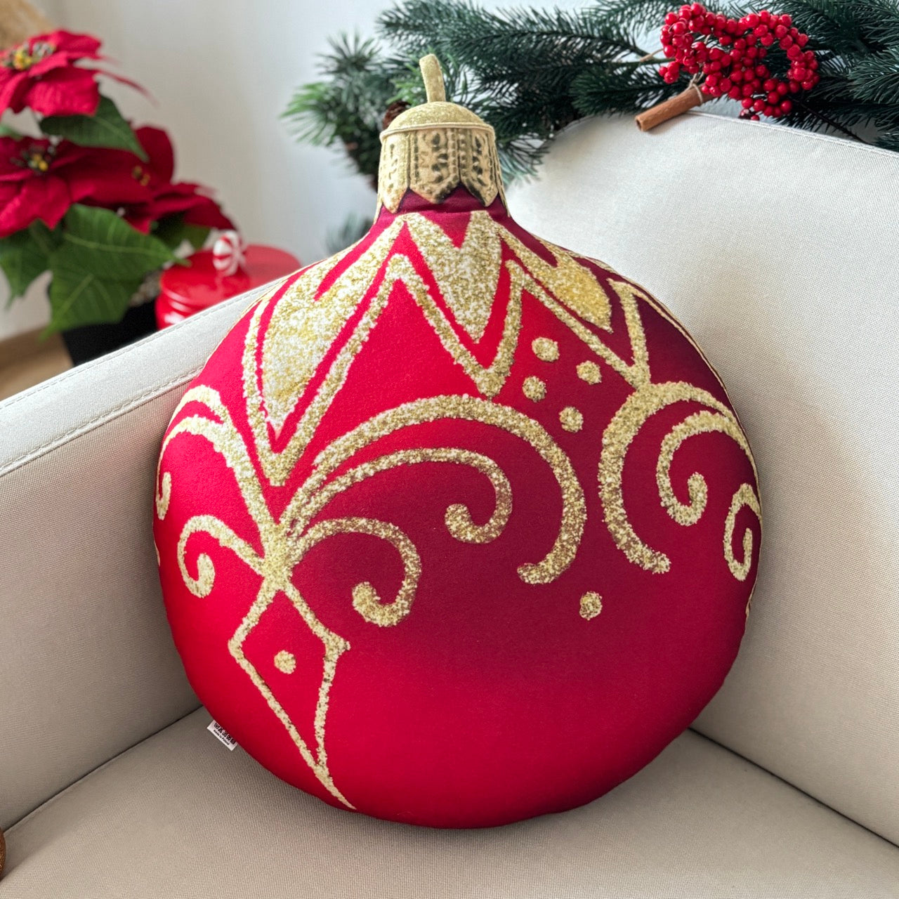 Decorative christmas bauble cushion, red large bauble – Enjoy Pillows
