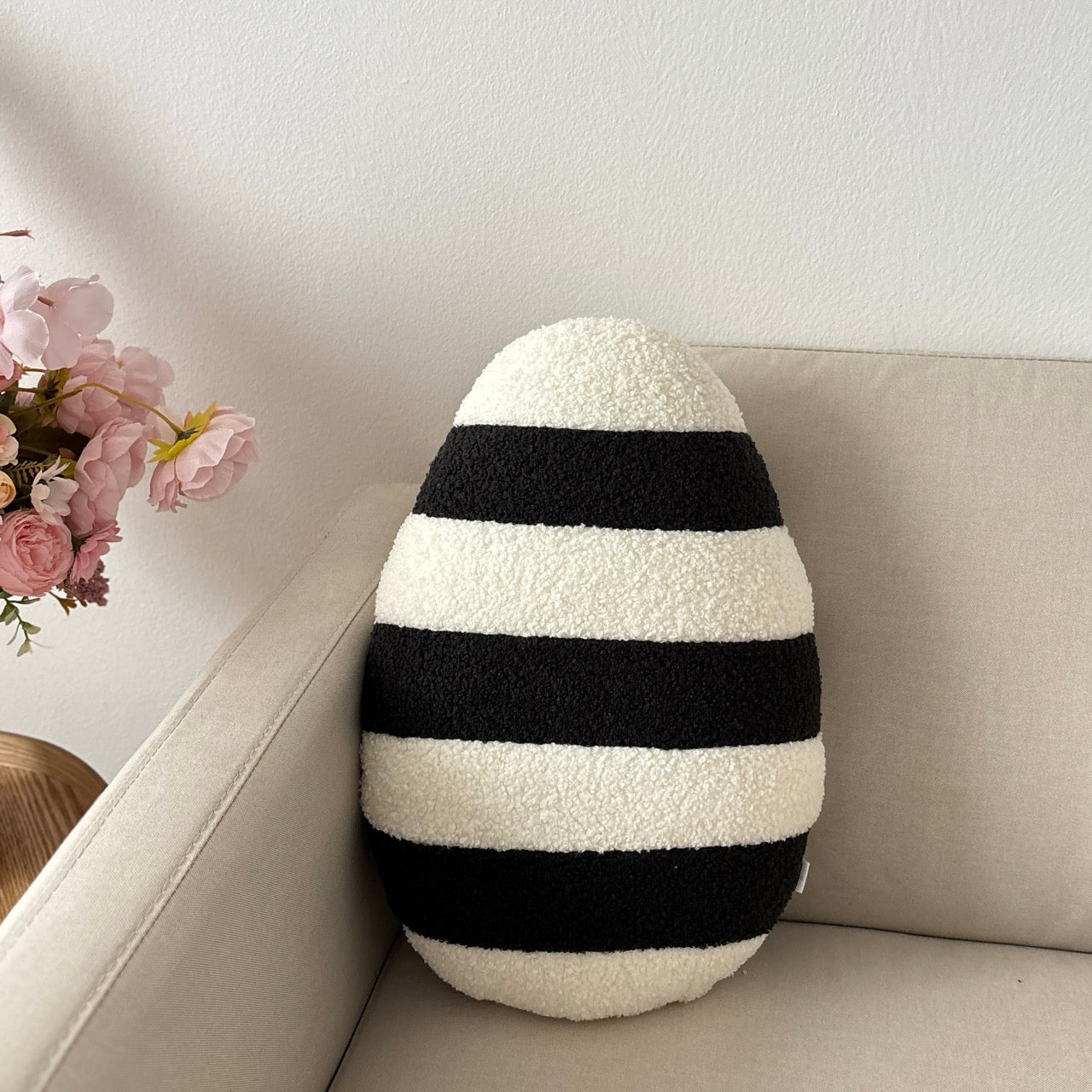 Egg-Shaped Easter Cushion in Black and Ecru Striped Boucle pillow ...